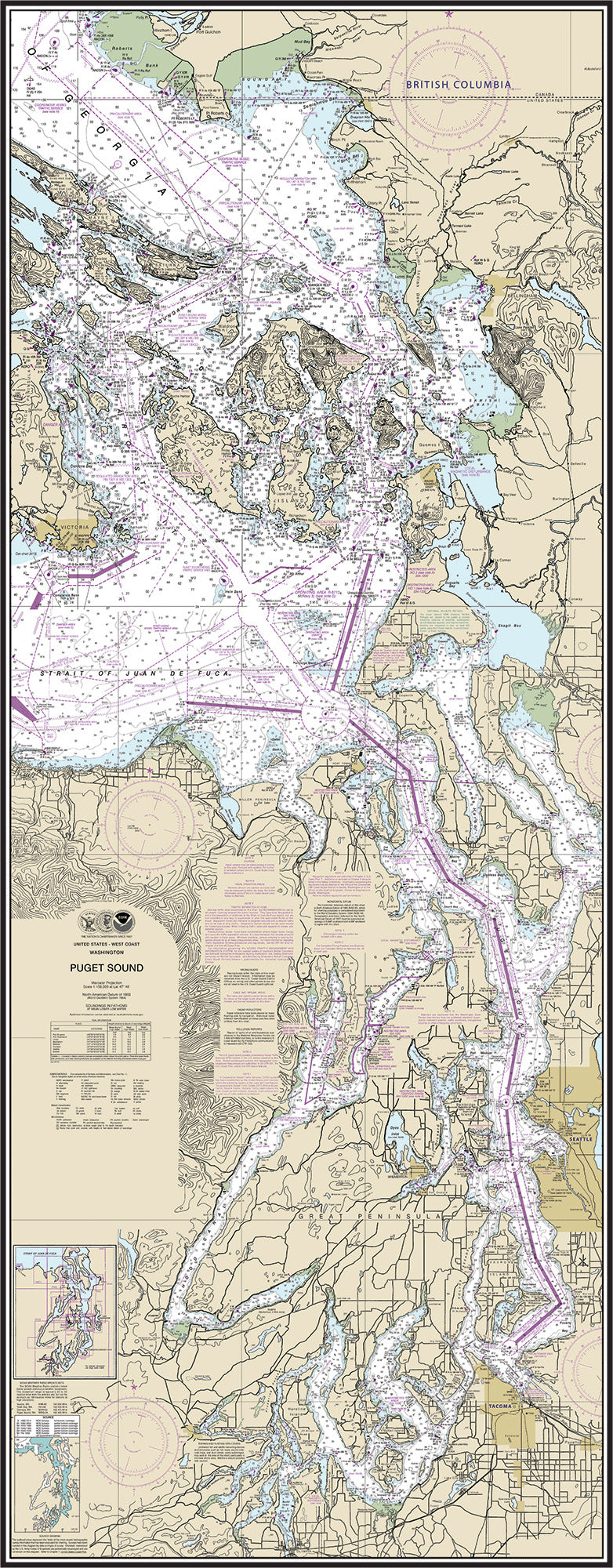 Laminated Puget Sound Wall Map - Captain's Nautical Books & Charts